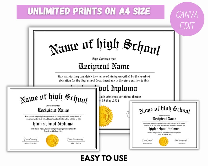 Printable High School Diploma Template, Home School Diploma, High ...