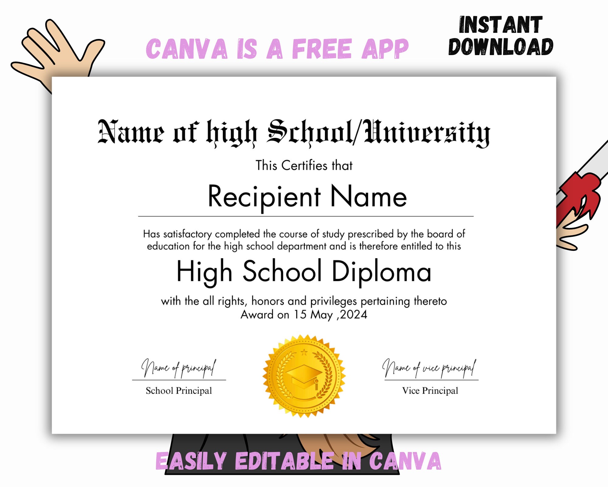 Printable High School Diploma Template, High School Graduation ...