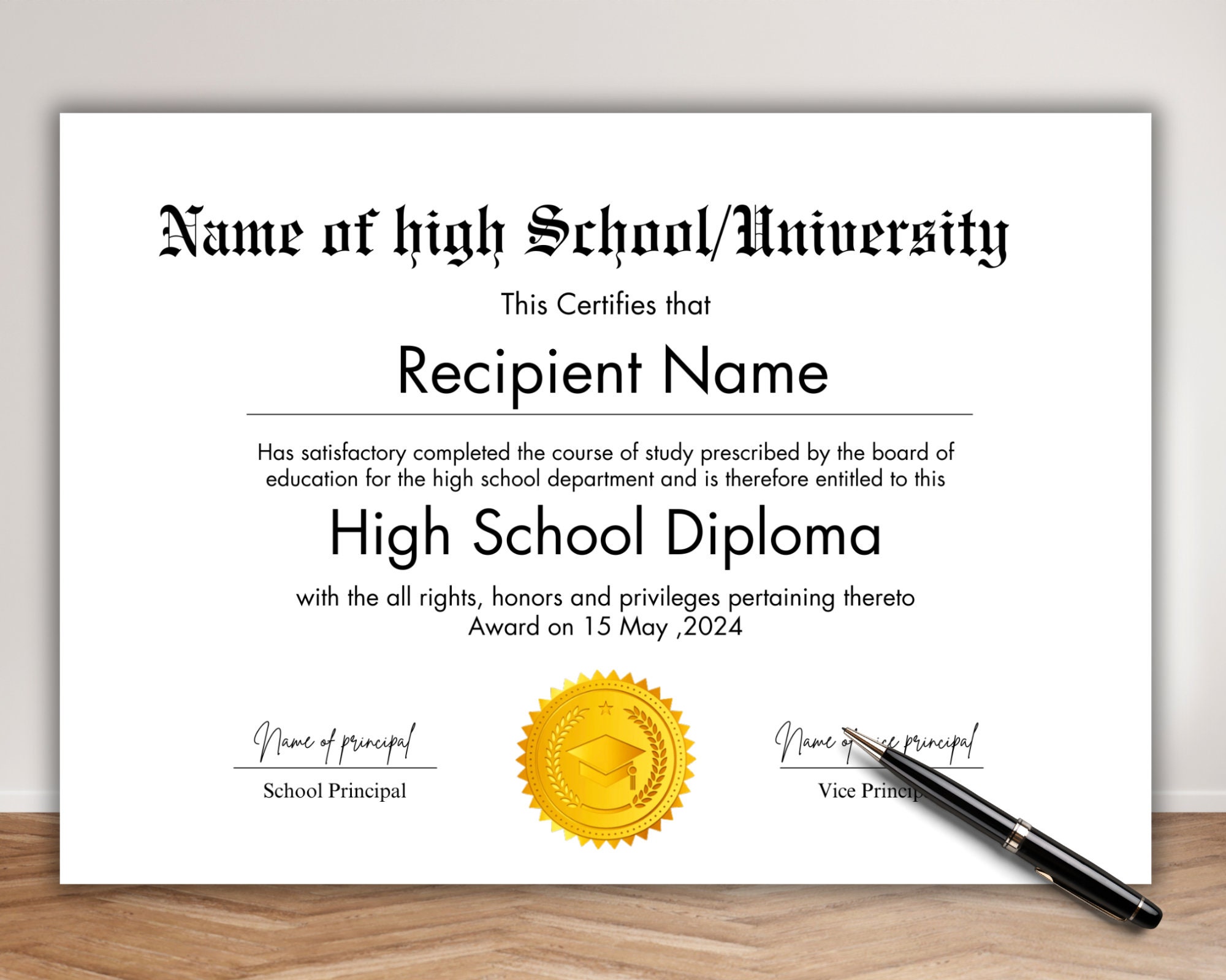 Printable High School Diploma Template, High School Graduation ...