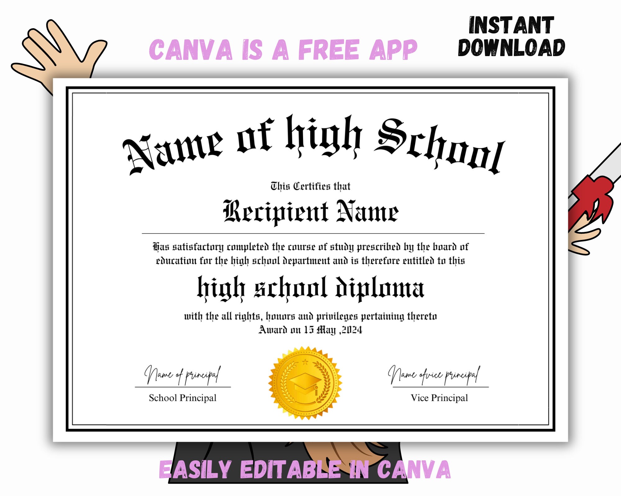 Printable High School Diploma Template, Home School Diploma, High ...