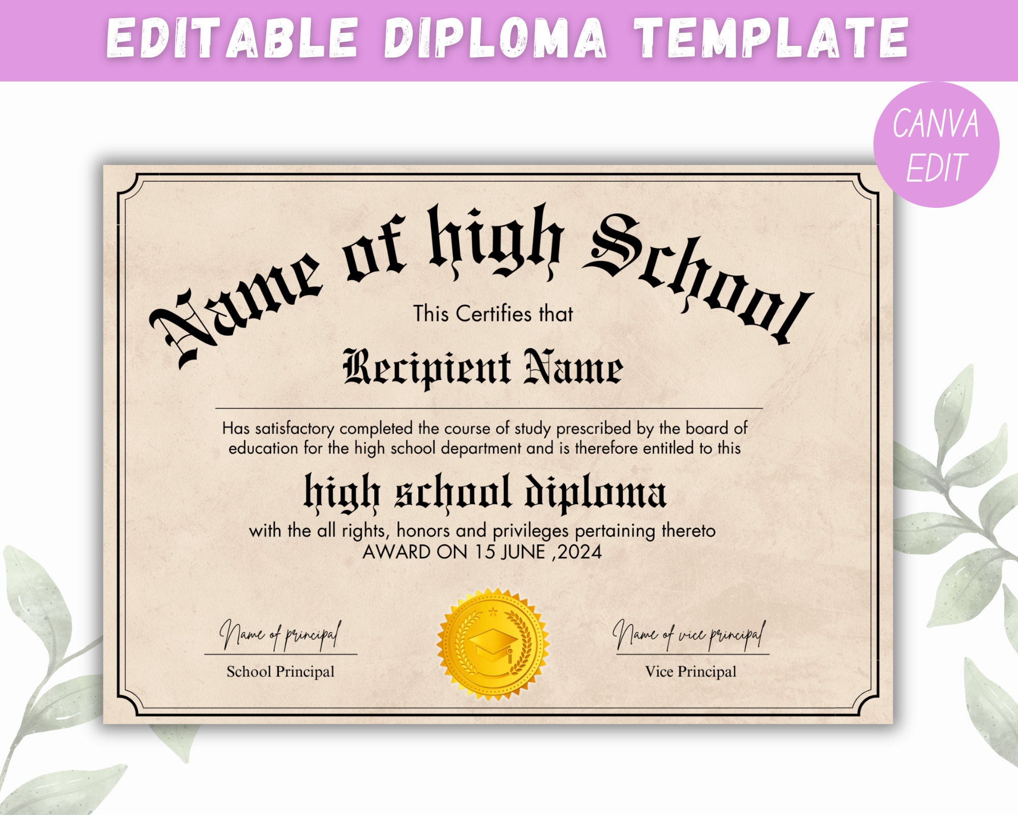 Printable High School Diploma Template, Home School Diploma, High ...