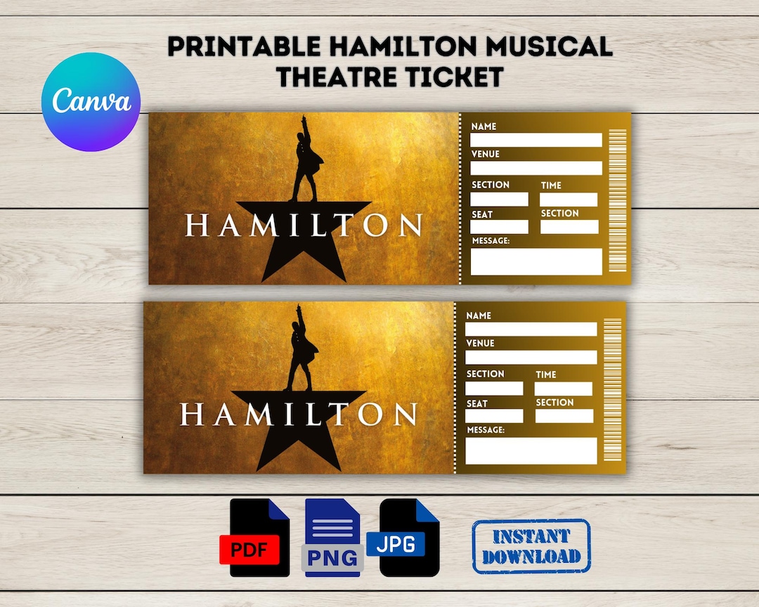 Editable Hamilton Musical Theatre Ticket Template, Personalized Gift Reveal Ticket, Broadway ...