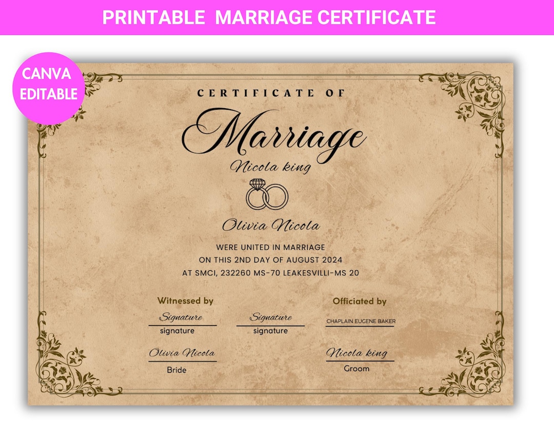 Editable Modern Marriage Certificate, Marriage Certificate Template ...