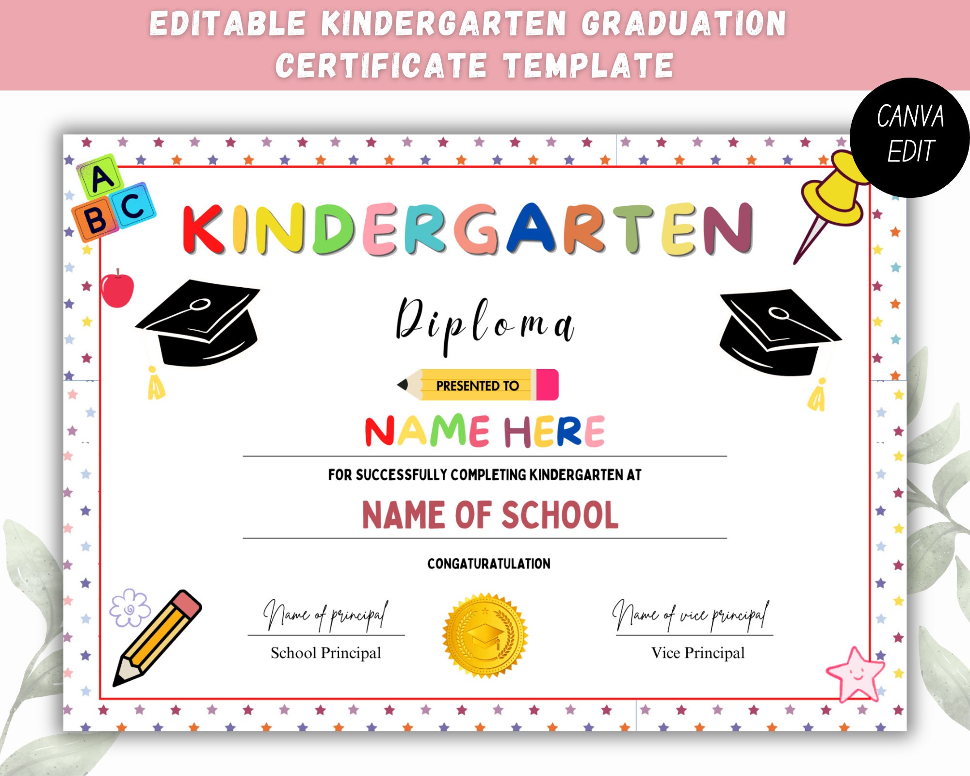 Editable Kindergarten Diploma Template, Graduation Diploma, Printable ...