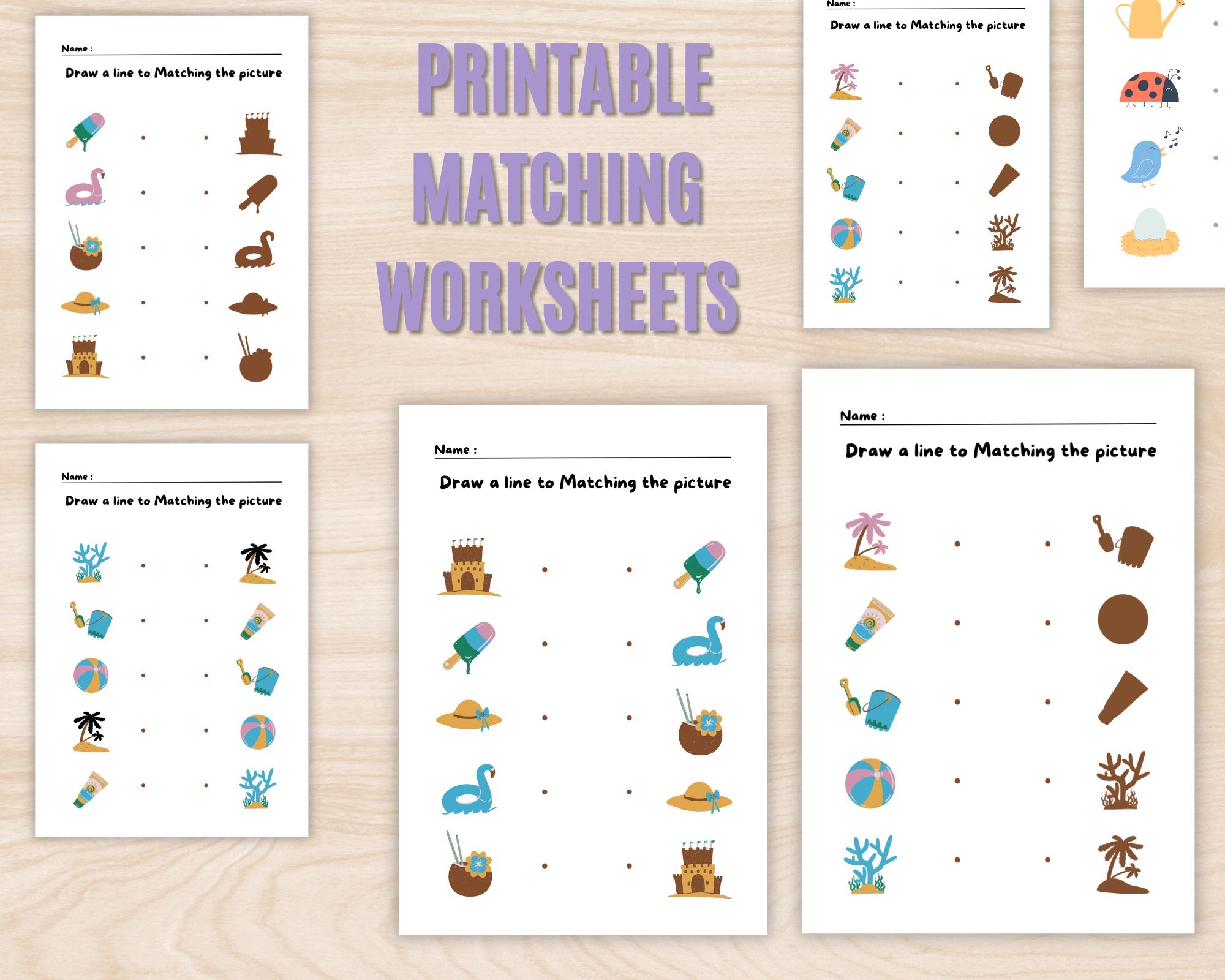 Printable Matching Worksheets Bundle, Match the Picture, Kindergarten ...