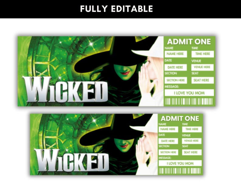 Editable Wicked Broadway Surprise Ticket, Musical Theatre Faux Event ...