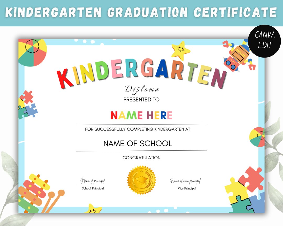 Editable Kindergarten Diploma Template, Graduation Diploma, Printable ...