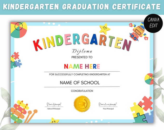 Editable Kindergarten Certificate Diploma | Instant Download| Canva Pro ...