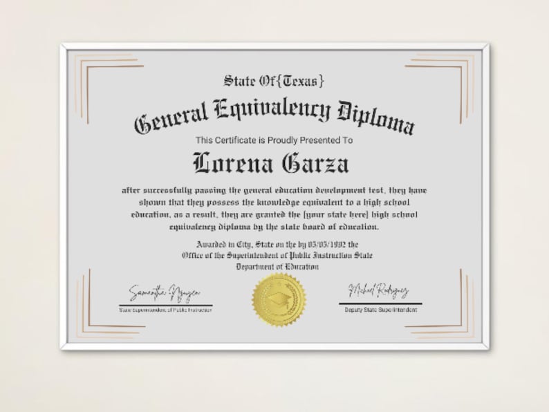 Printable GED Diploma Template, High School Diploma, School Equivalency ...