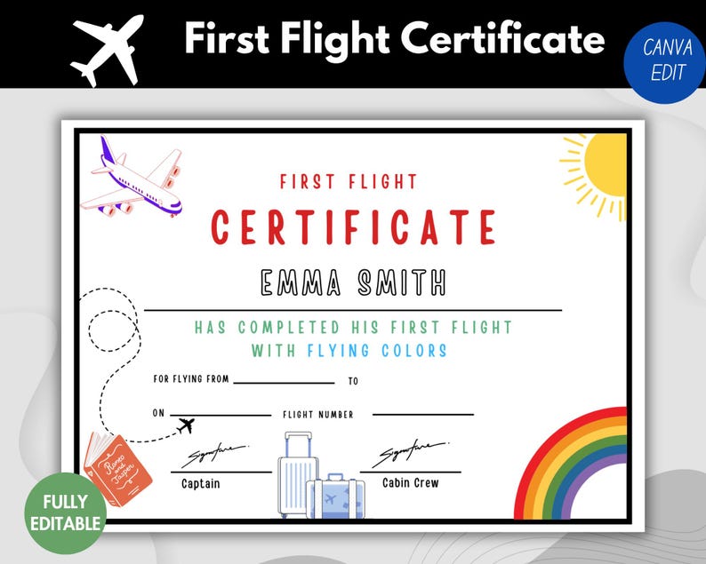 Editable First Flight Certificate for Kids, First Vacation Gift ...