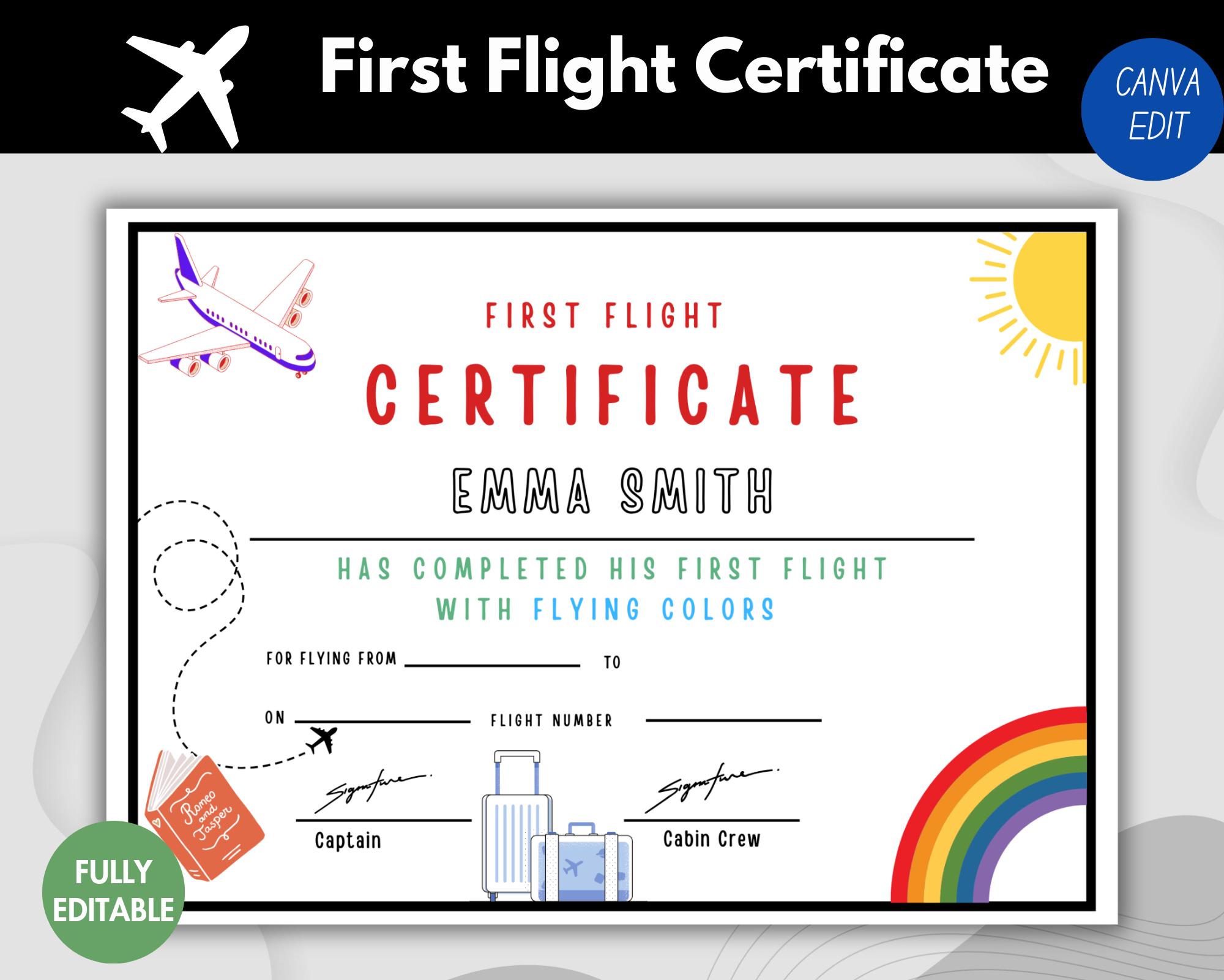 Editable First Flight Certificate for Kids, First Vacation Gift ...