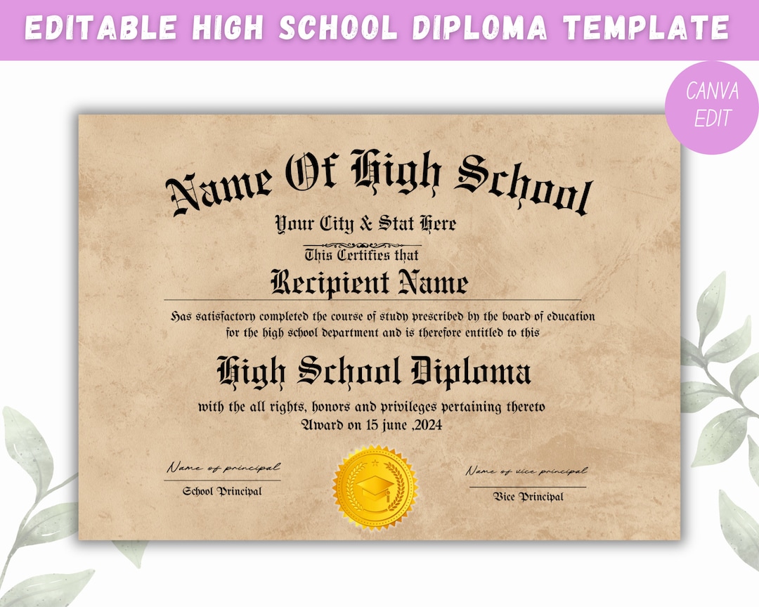 Printable High School Diploma Template, Home School Diploma, High ...