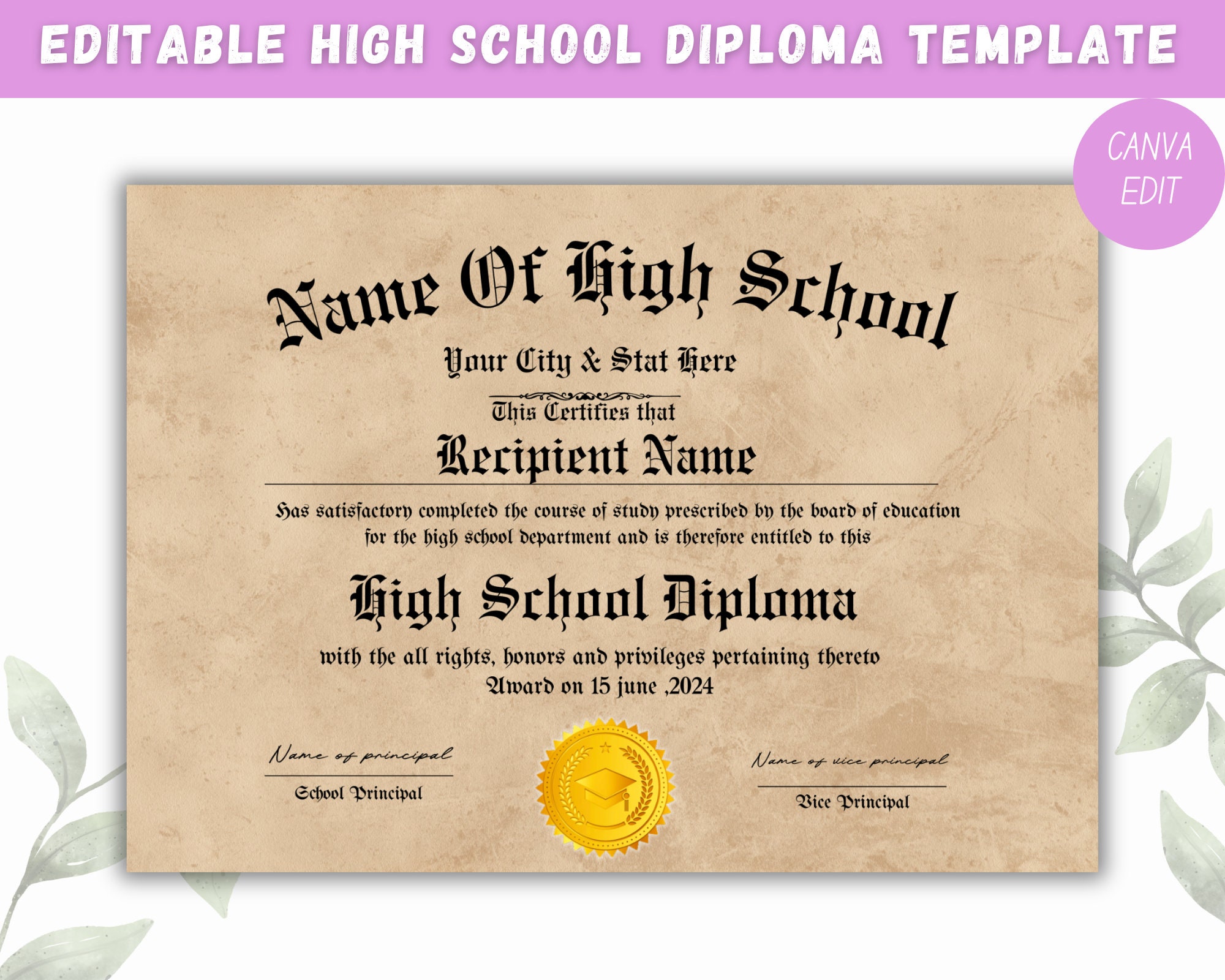 Printable High School Diploma Template, Home School Diploma, High ...