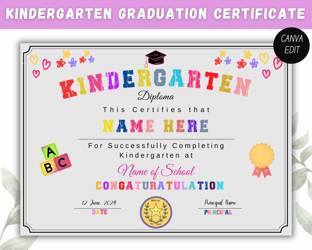 Editable Kindergarten Graduation Certificate, Kindergarten Diploma ...