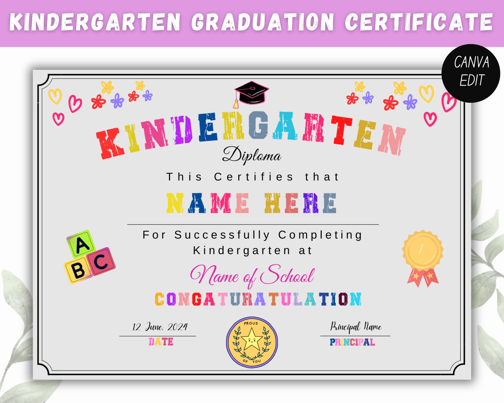 Editable Kindergarten Graduation Certificate, Kindergarten Diploma ...