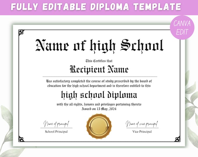 Printable High School Diploma Template, High School Graduation ...
