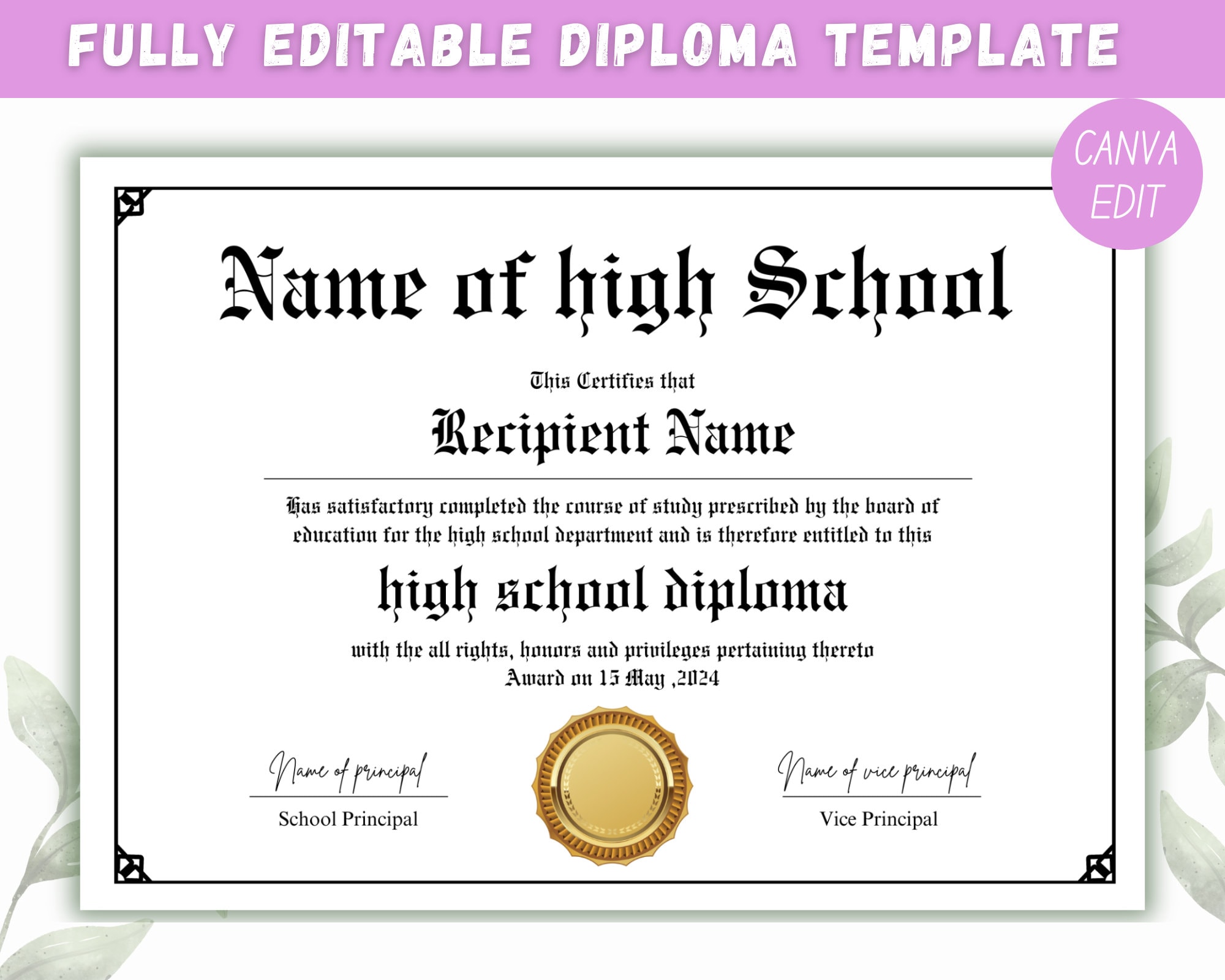 Printable High School Diploma Template, High School Graduation ...