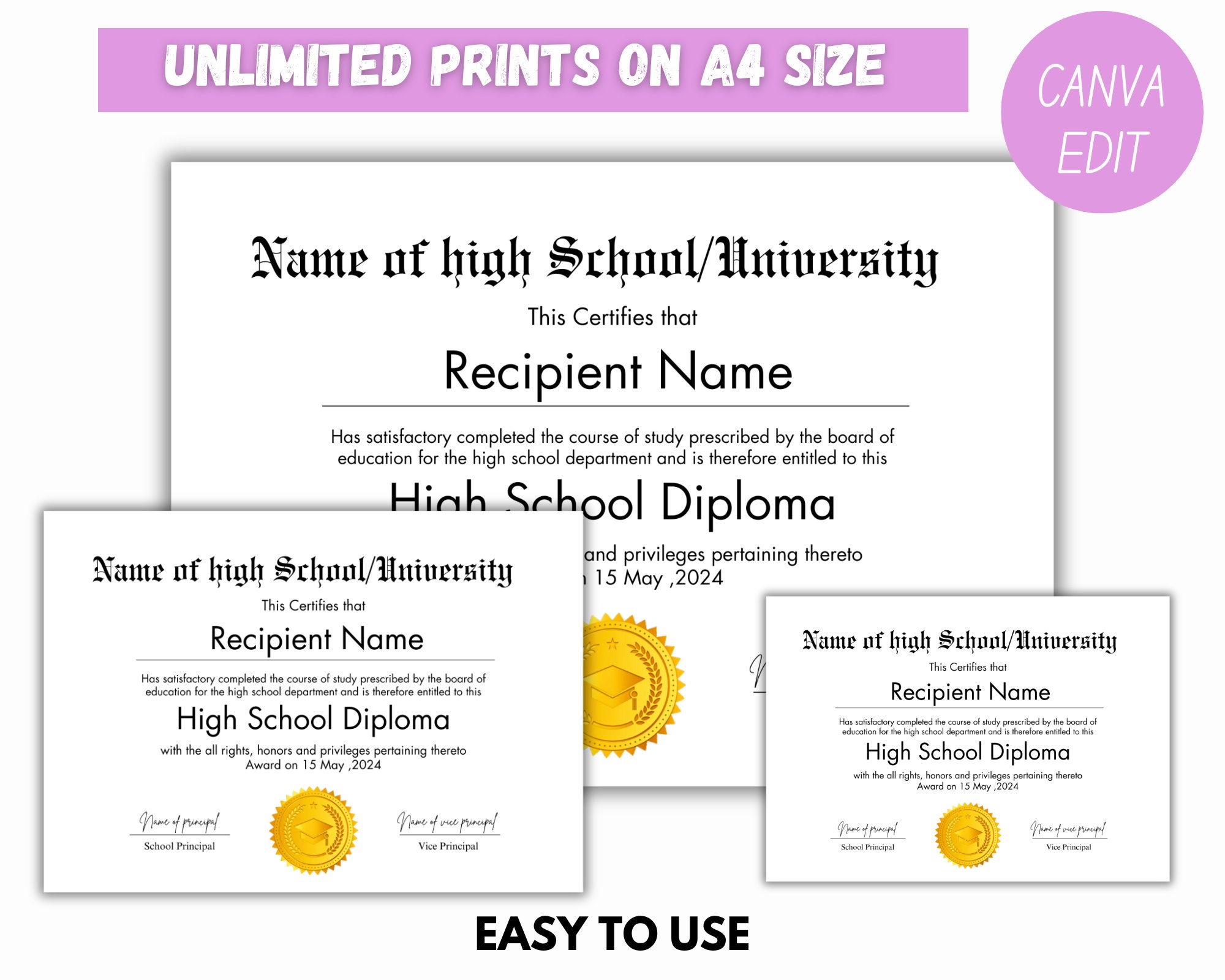 Printable High School Diploma Template, High School Graduation ...
