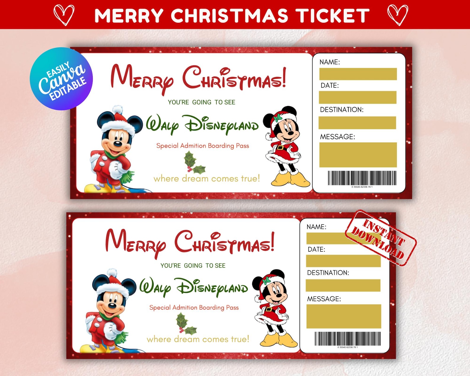 Editable Christmas Disneyland Surprise Trip Ticket Template ...