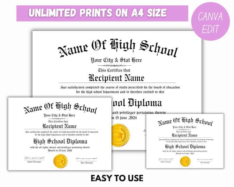 Editable High School Diploma Template, High School Diploma, Printable ...