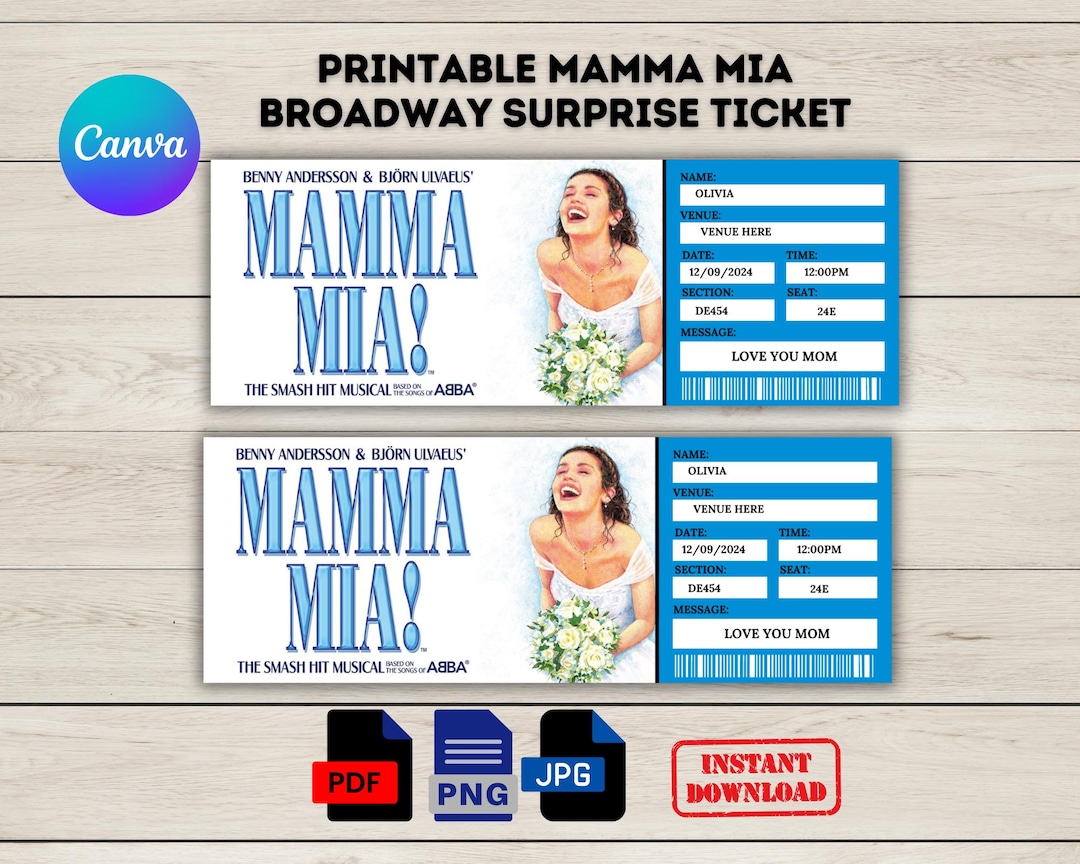 Printable Mamma Mia Broadway Surprise Ticket, Mamma Mia Musical Ticket, Collectible Theatre ...