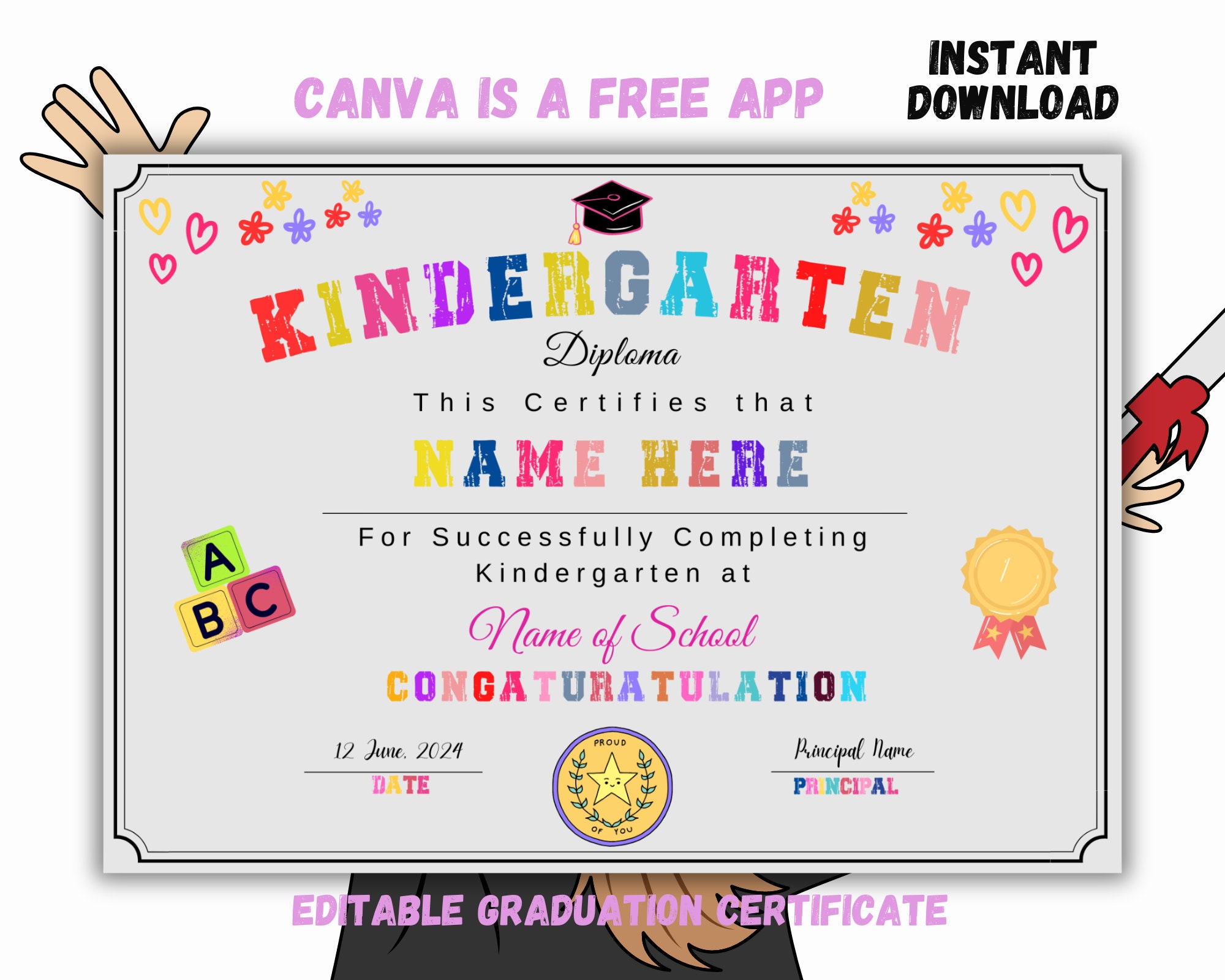 Editable Kindergarten Graduation Certificate, Kindergarten Diploma ...