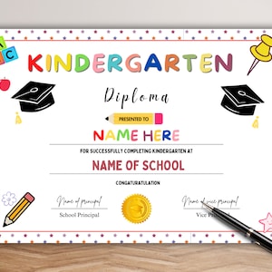 Editable Kindergarten Diploma Template, Graduation Diploma, Printable ...
