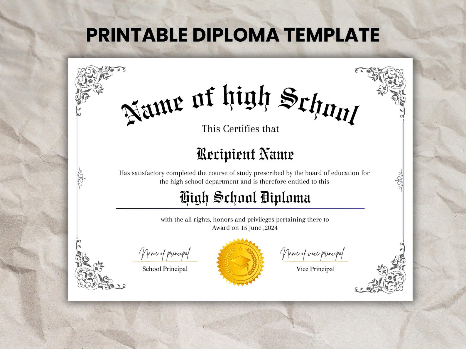 Printable High School Diploma Template, Home School Diploma, High ...