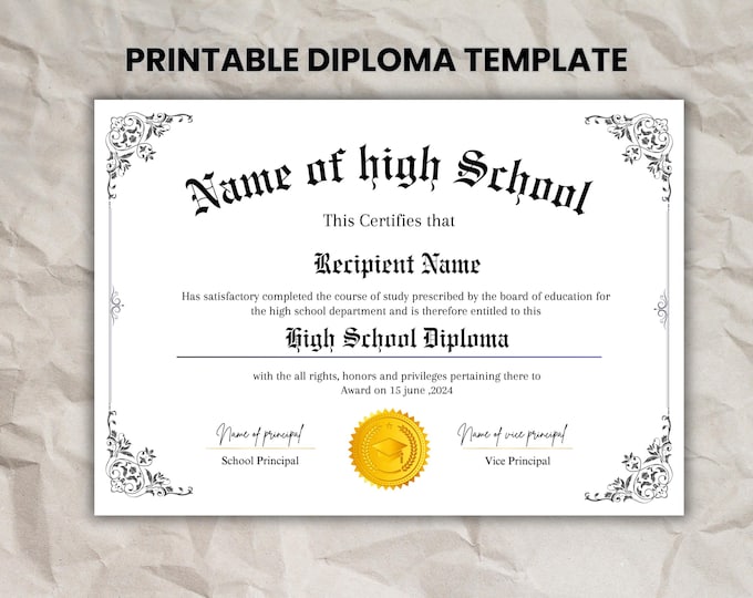 Plantilla de diploma de escuela secundaria imprimible, diploma de escuela secundaria, plantilla ...