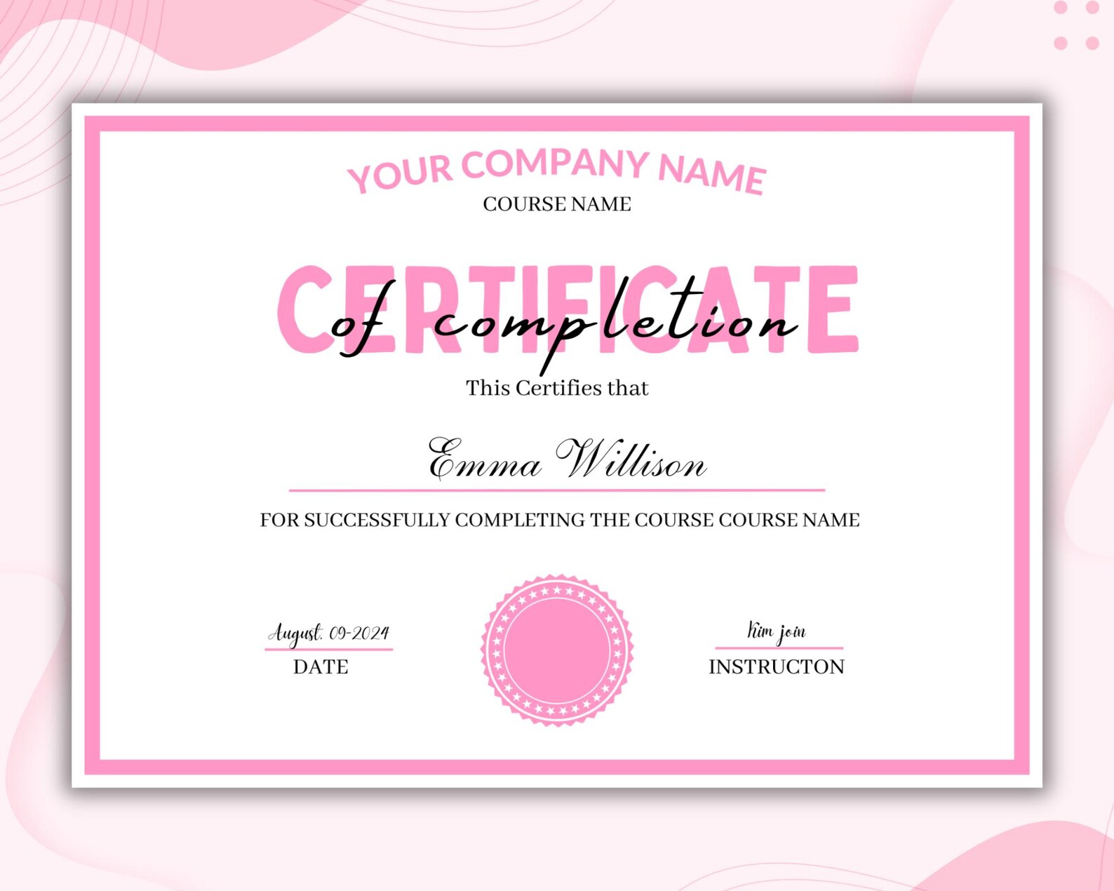 Editable Certificate of Completion Template, Certificate of Completion ...