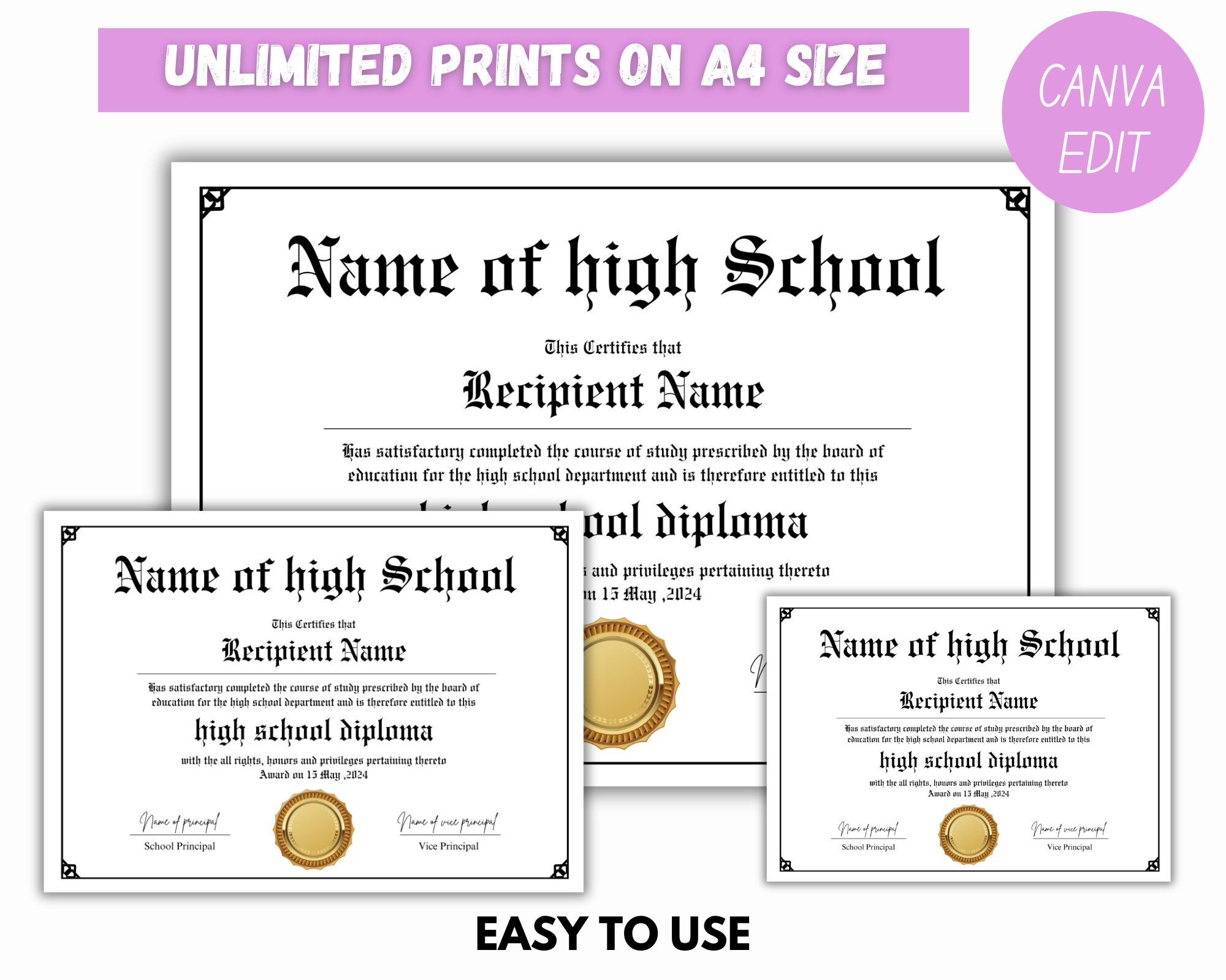 Printable High School Diploma Template, High School Graduation ...