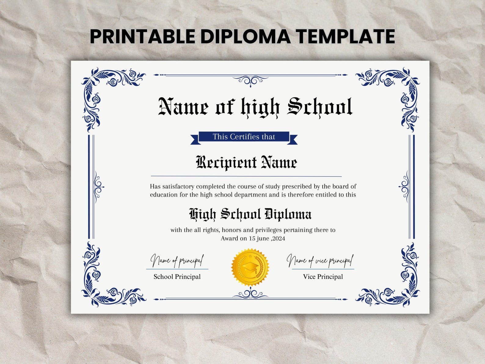 Printable High School Diploma Template, Home School Diploma, High ...