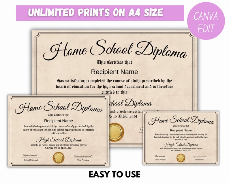 Homeschool Diploma Template, Printable Certificate With Seal, Diploma ...