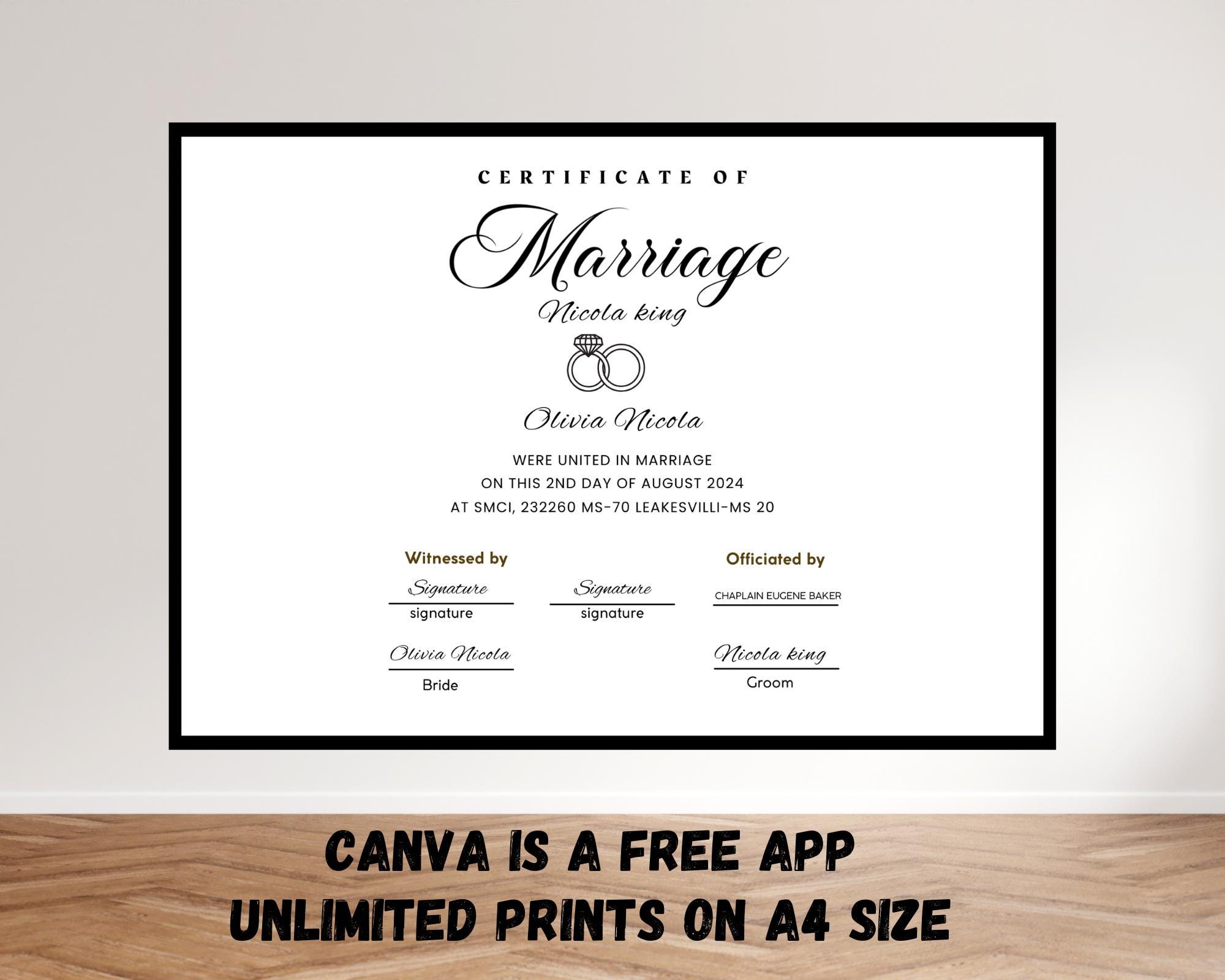 Printable Marriage Certificate Template, Custom Certificate of Marriage ...