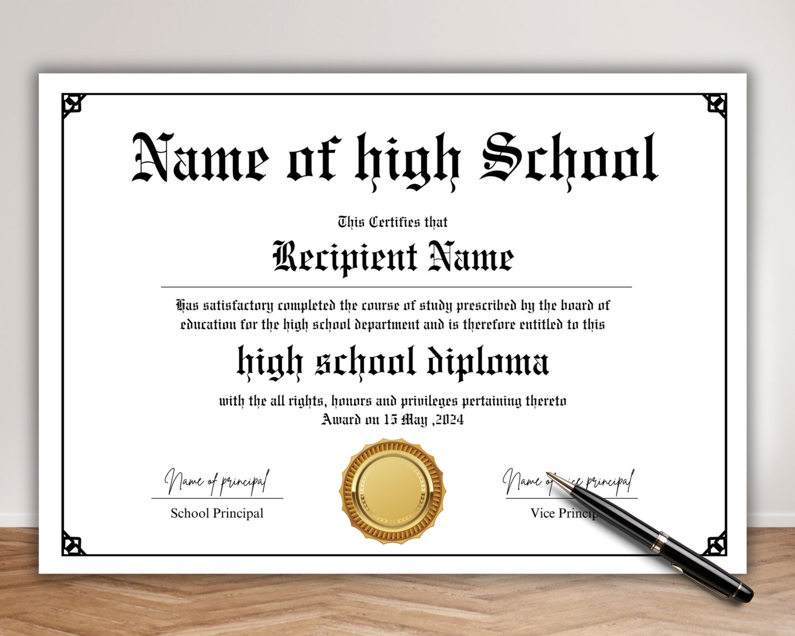 Printable High School Diploma Template, High School Graduation ...