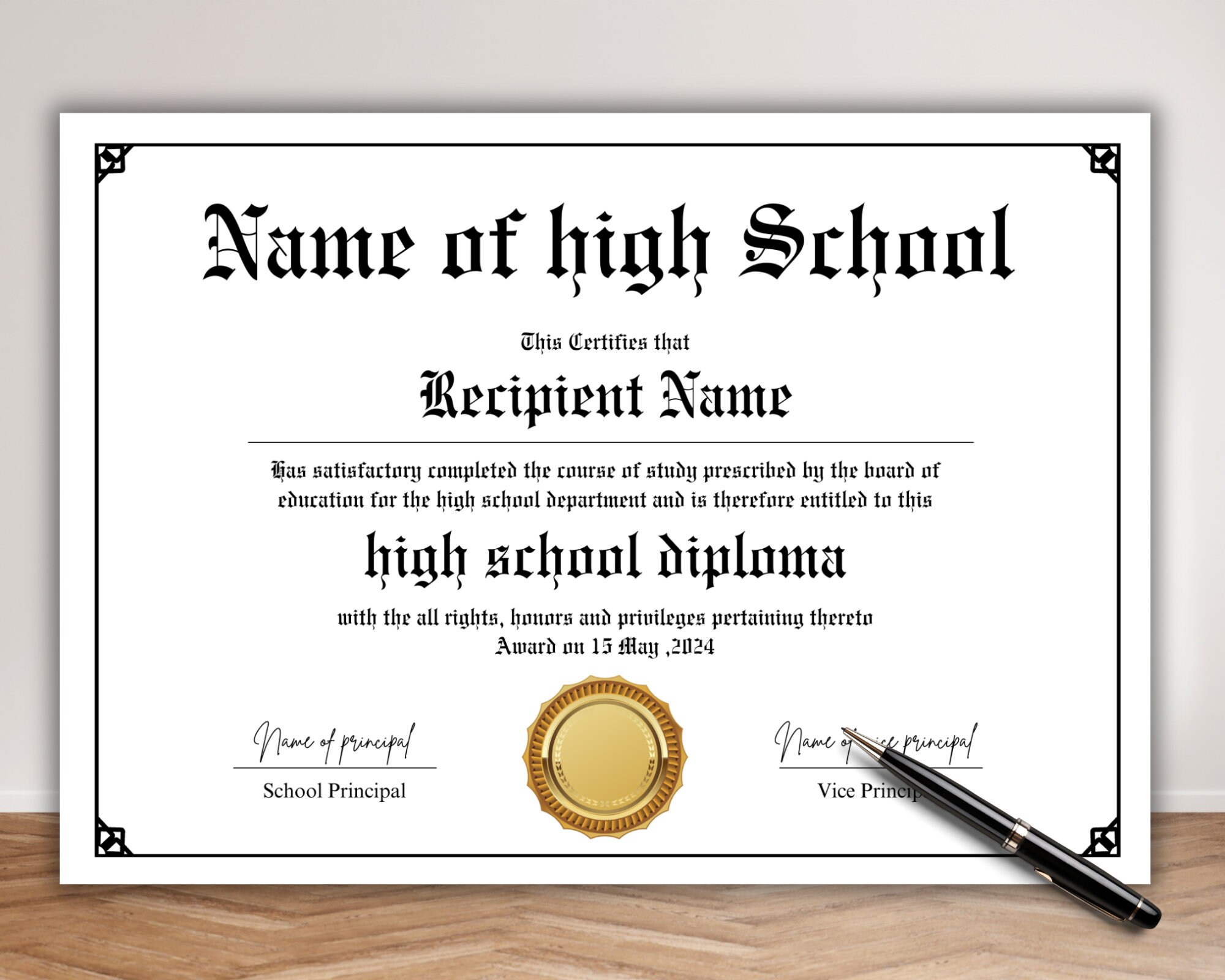 Printable High School Diploma Template, High School Graduation ...