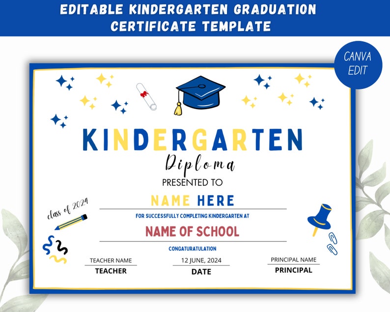 Editable Kindergarten Diploma Template, Graduation Diploma, Printable ...