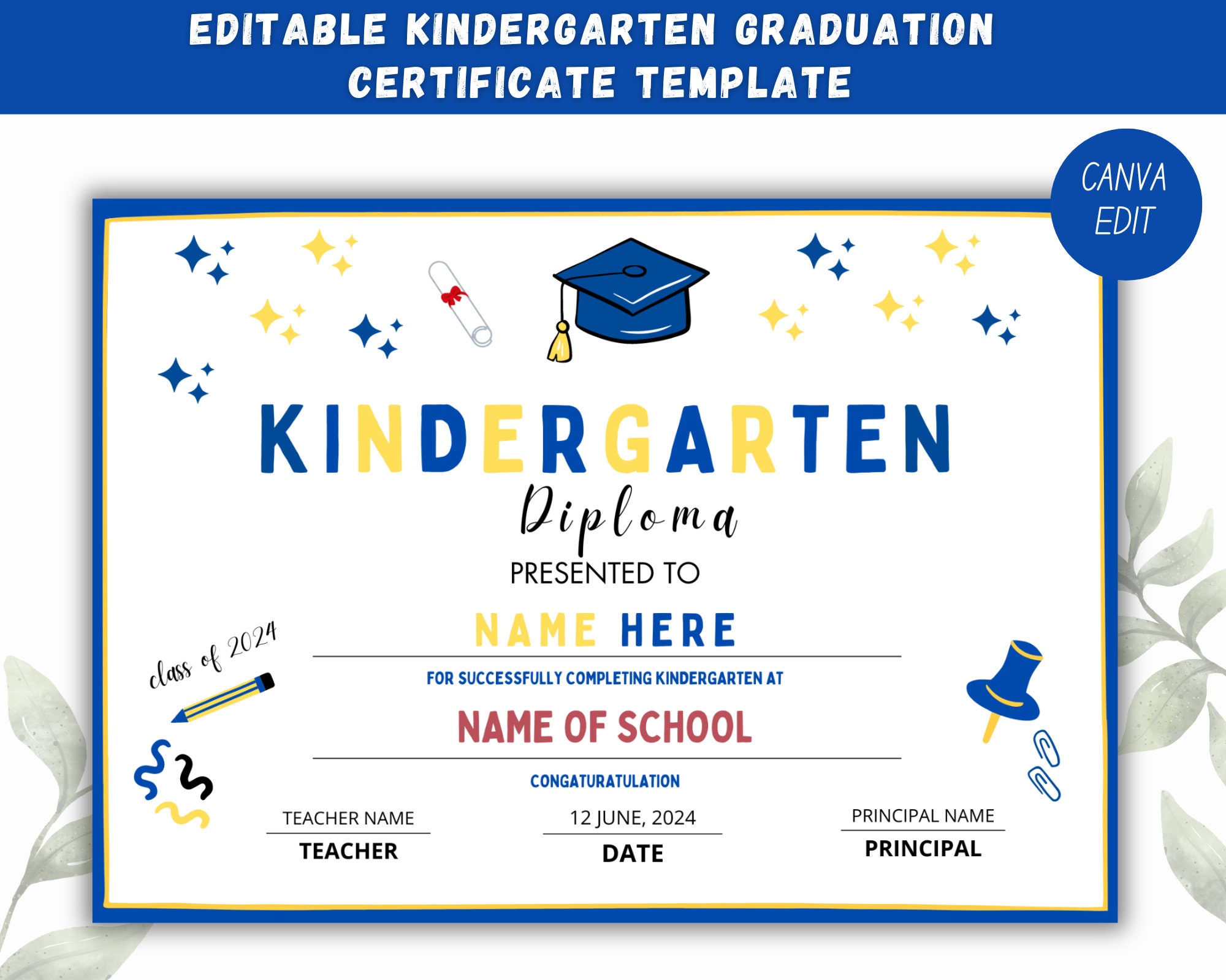 Editable Kindergarten Diploma Template, Graduation Diploma, Printable ...