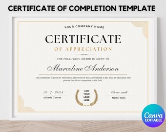 Editable Training Certificate Template, Printable Certificate of ...