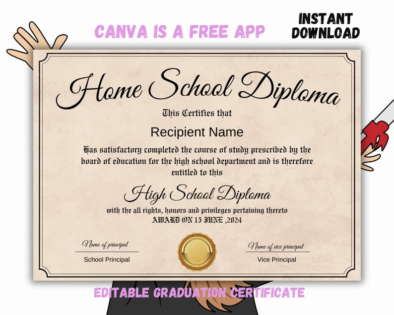 Homeschool Diploma Template, Printable Certificate With Seal, Diploma ...