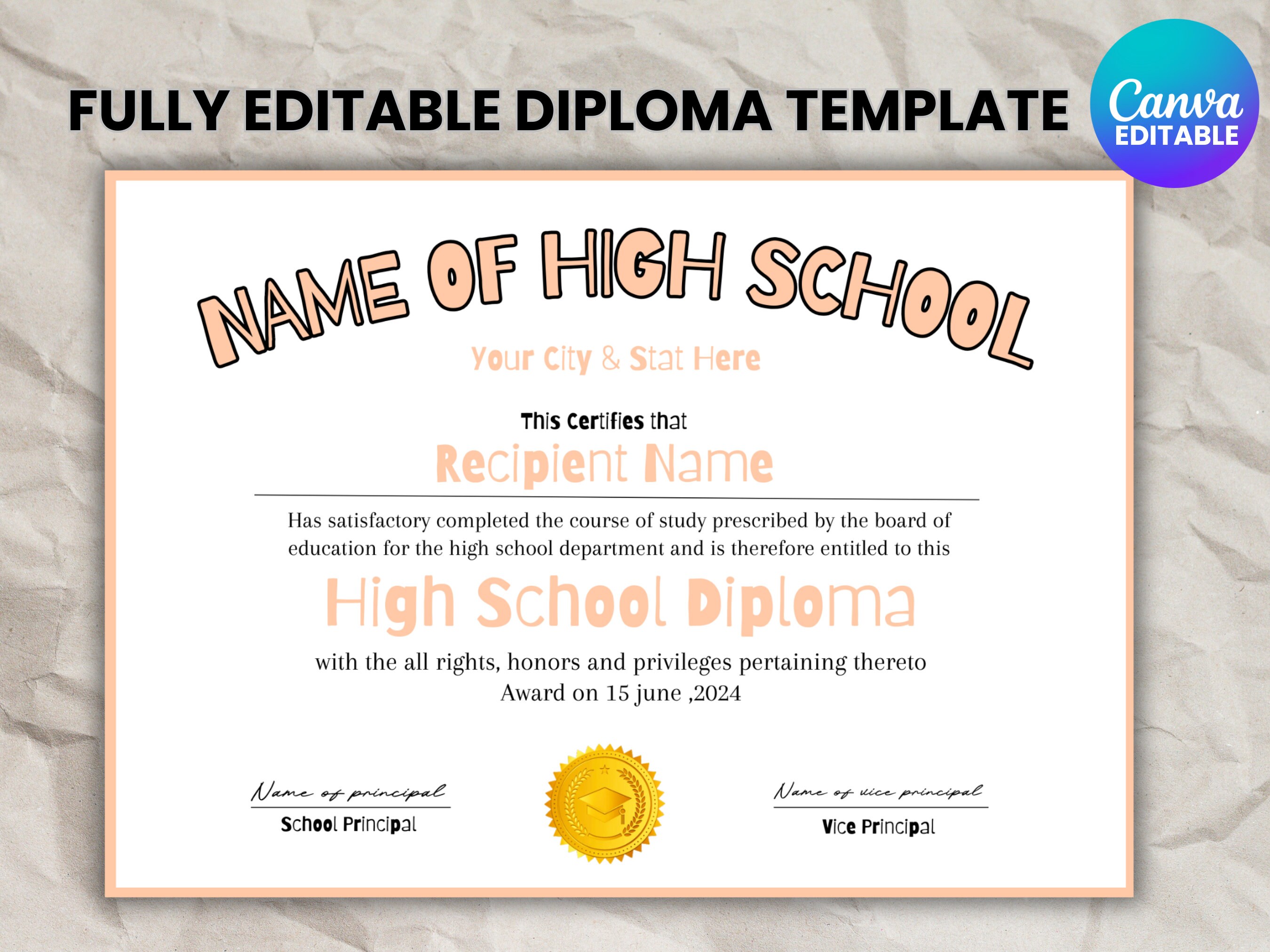 Printable High School Diploma Template, Home School Diploma, High ...