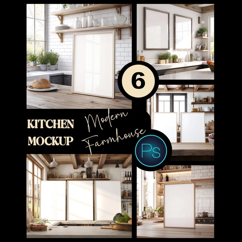 Modern Farmhouse Kitchen Mockup Bundle | 6 PSD Frames | Single, Two ...