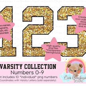 Gold Glitter Varsity Numbers Pack / Glitter Varsity Numbers 0 - 9 for ...
