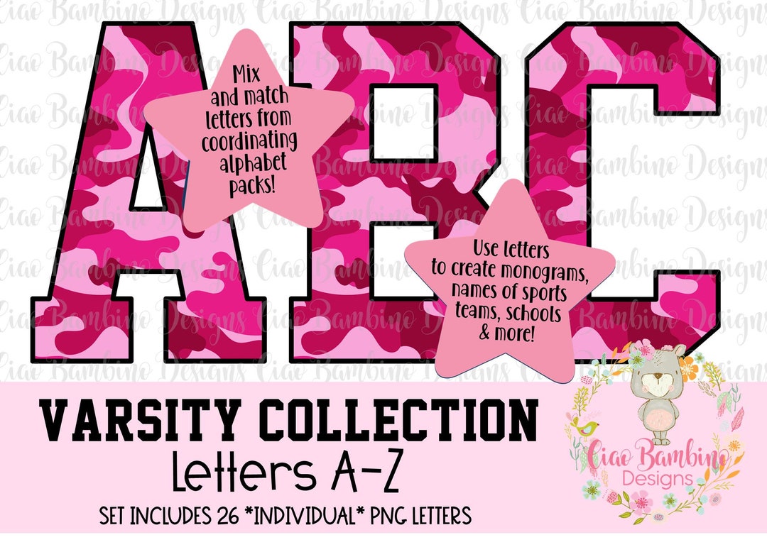 Hot Pink Camo Alphabet Pack / Valentine's Day Camouflage Varsity ...