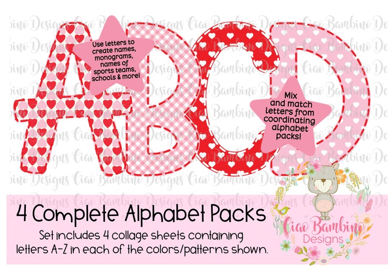 Valentines Day Faux Applique Alphabet Letters / 4 Sets of Red & Pink ...