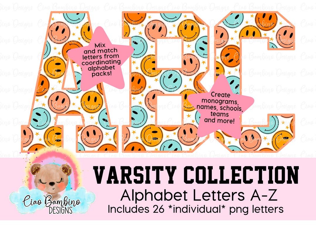 Retro Groovy Smiley Face Alphabet Pack, Varsity Letters A-Z for ...
