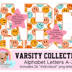 Retro Smiley Face Varsity Alphabet: Sublimation Designs (instant ...