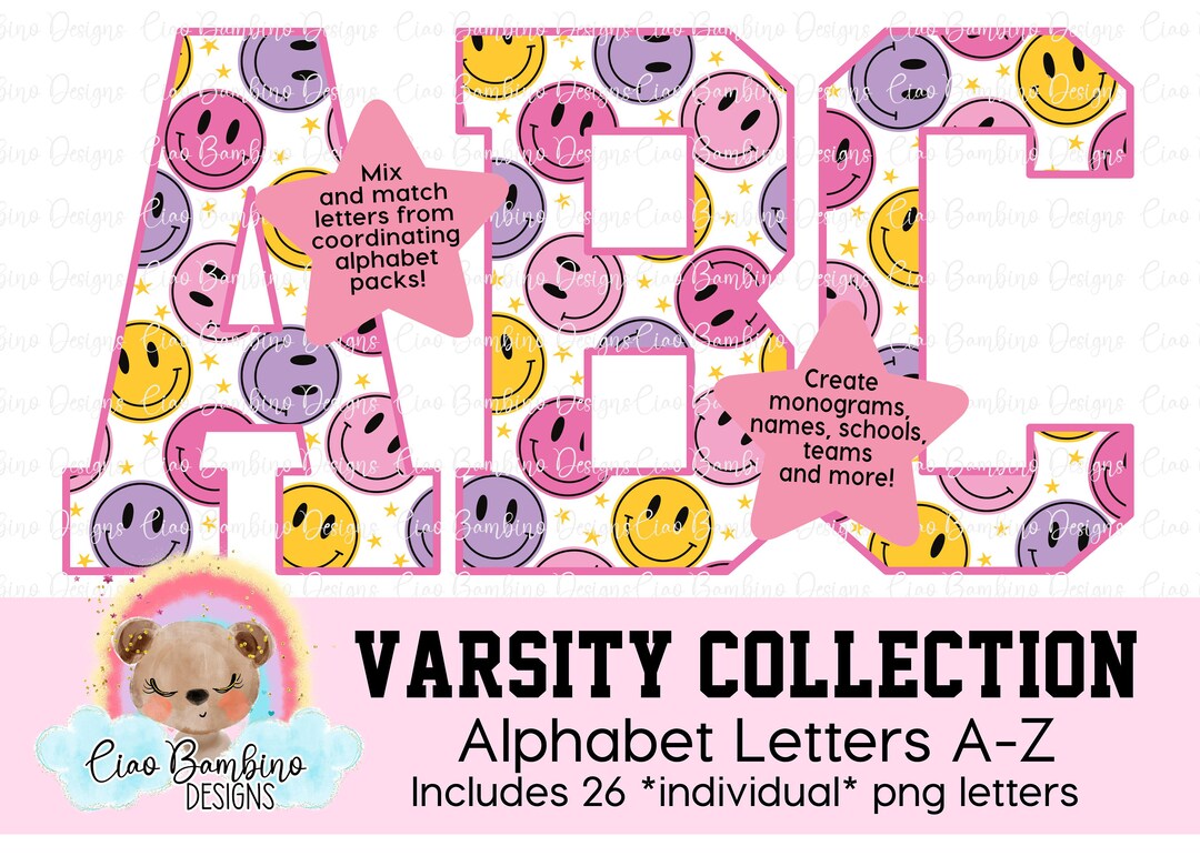 Pink Groovy Smiley Face Alphabet Pack | Varsity Letters A-Z for ...