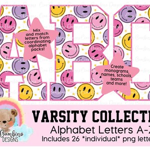 Pink Groovy Smiley Face Alphabet Pack | Varsity Letters A-Z for ...