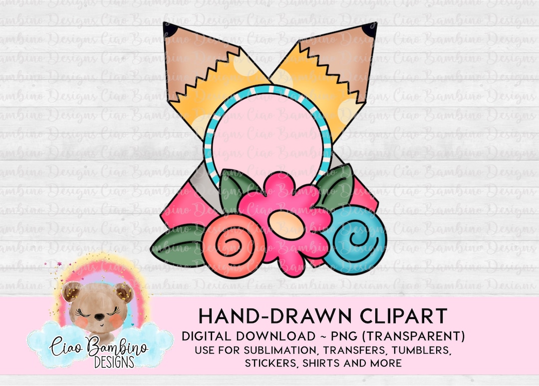 Floral Pencil Monogram Frame Clip Art / Back to School Clipart / PNG ...